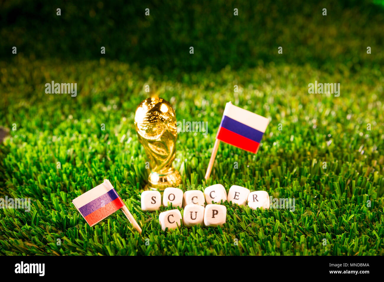Fifa Cup concept. Golden trophy, russian flags and soccer cup words ...