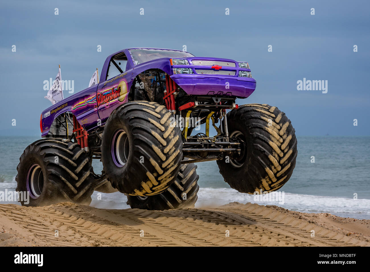 Airborne monster truck at the beach taken at Bournemouth, Dorset, UK on ...