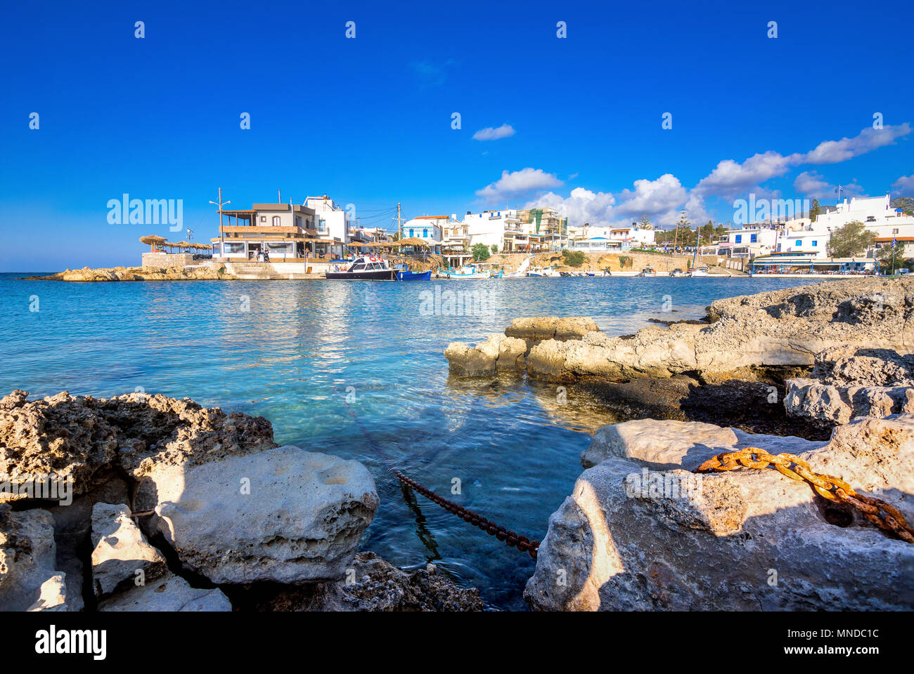 A nice spring view of the old harbor of traditional village Sisi, Crete ...