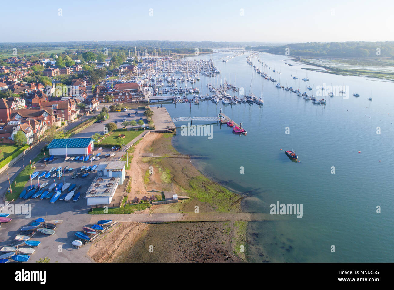 aerial views along the hamble river and hamble village taken by drone ...