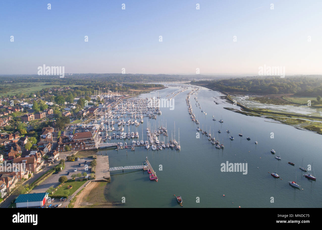 aerial views along the hamble river and hamble village taken by drone ...