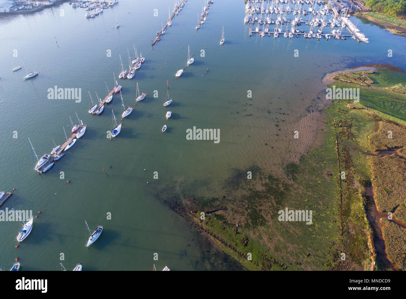 aerial views along the hamble river and hamble village taken by drone ...