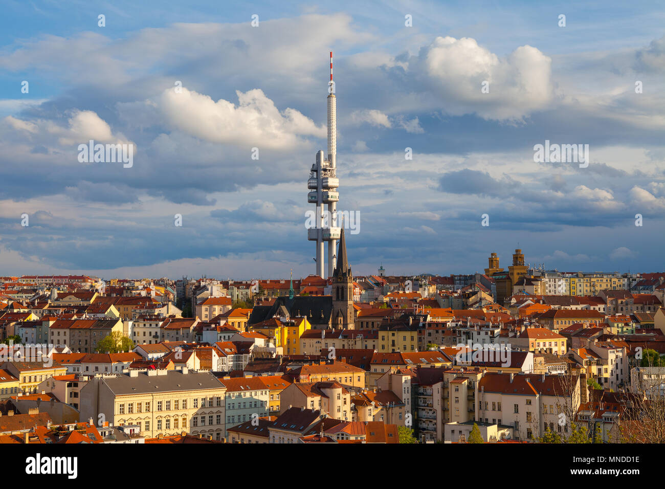 Zizkov Television Tower (circa 1992) in Prague and roof top view of ...