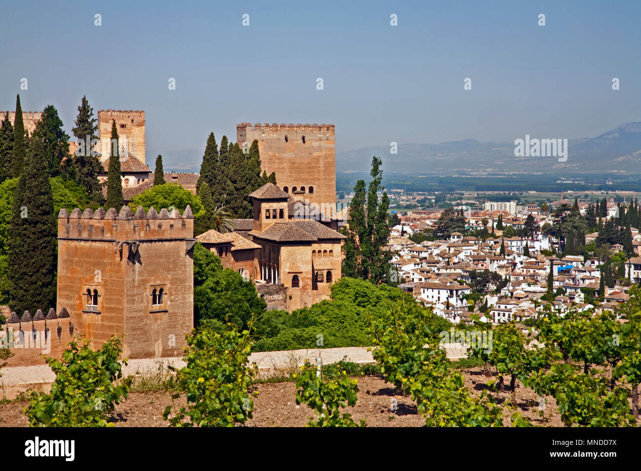 the landmark walls and built fortress of the Alhambra in Granada, Spain ...