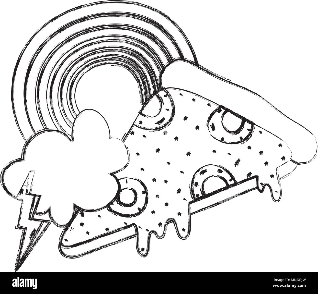 grunge slice pizza with rainbow and thunder cloud Stock Vector Image ...