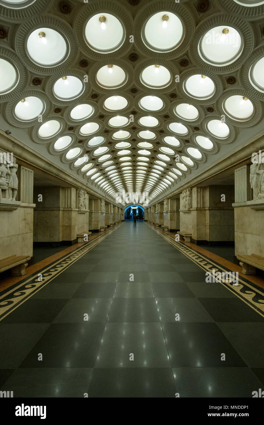Central Hall of the deep-level Elektrozavodskaya metro station. Moscow ...