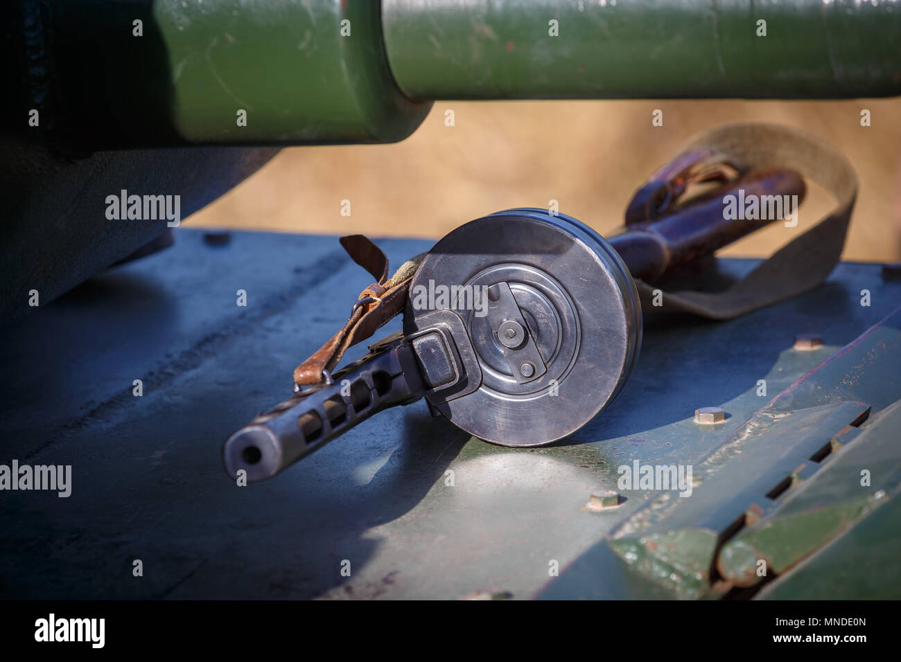 Submachine gun of Shpagin, PPSH is lies on the armor of a tank as an ...