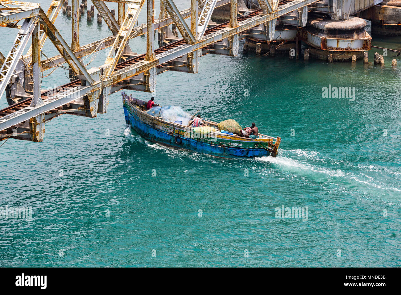 Close up of Pamban Bridge is a railway bridge which connects the town ...