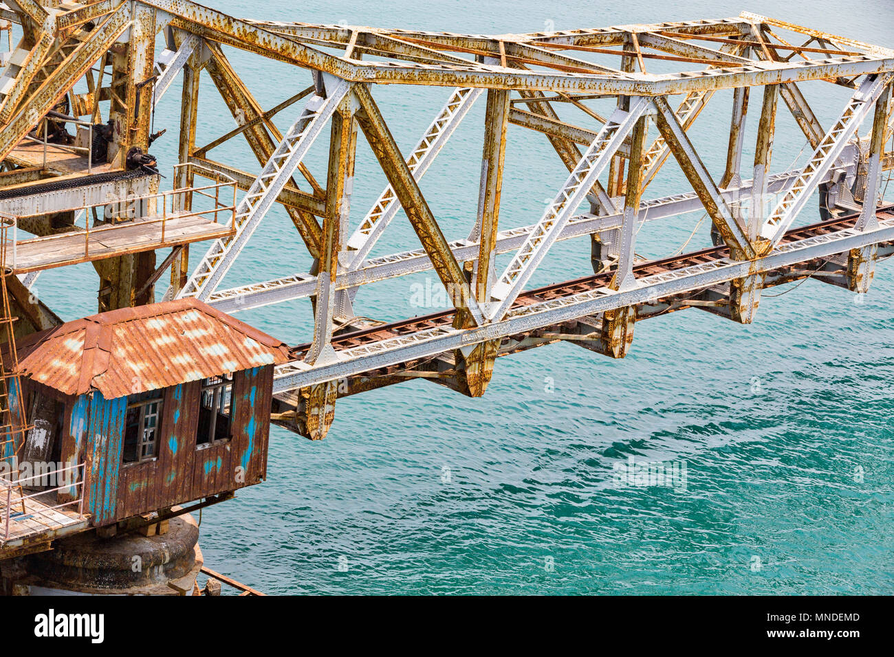 Close up of Pamban Bridge is a railway bridge which connects the town ...