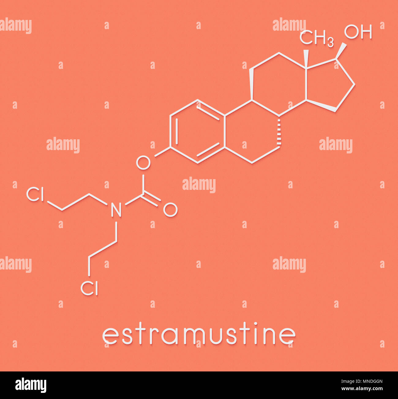 Estramustine prostate cancer chemotherapy drug molecule. Skeletal ...