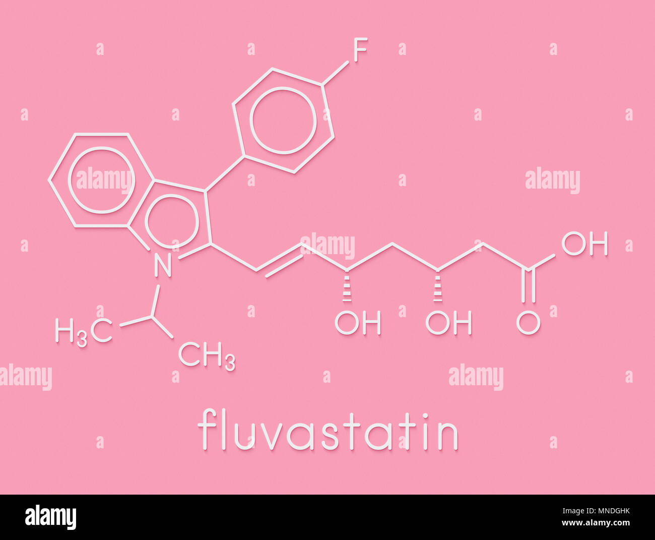Fluvastatin hypercholesterolemia drug molecule. Skeletal formula Stock ...