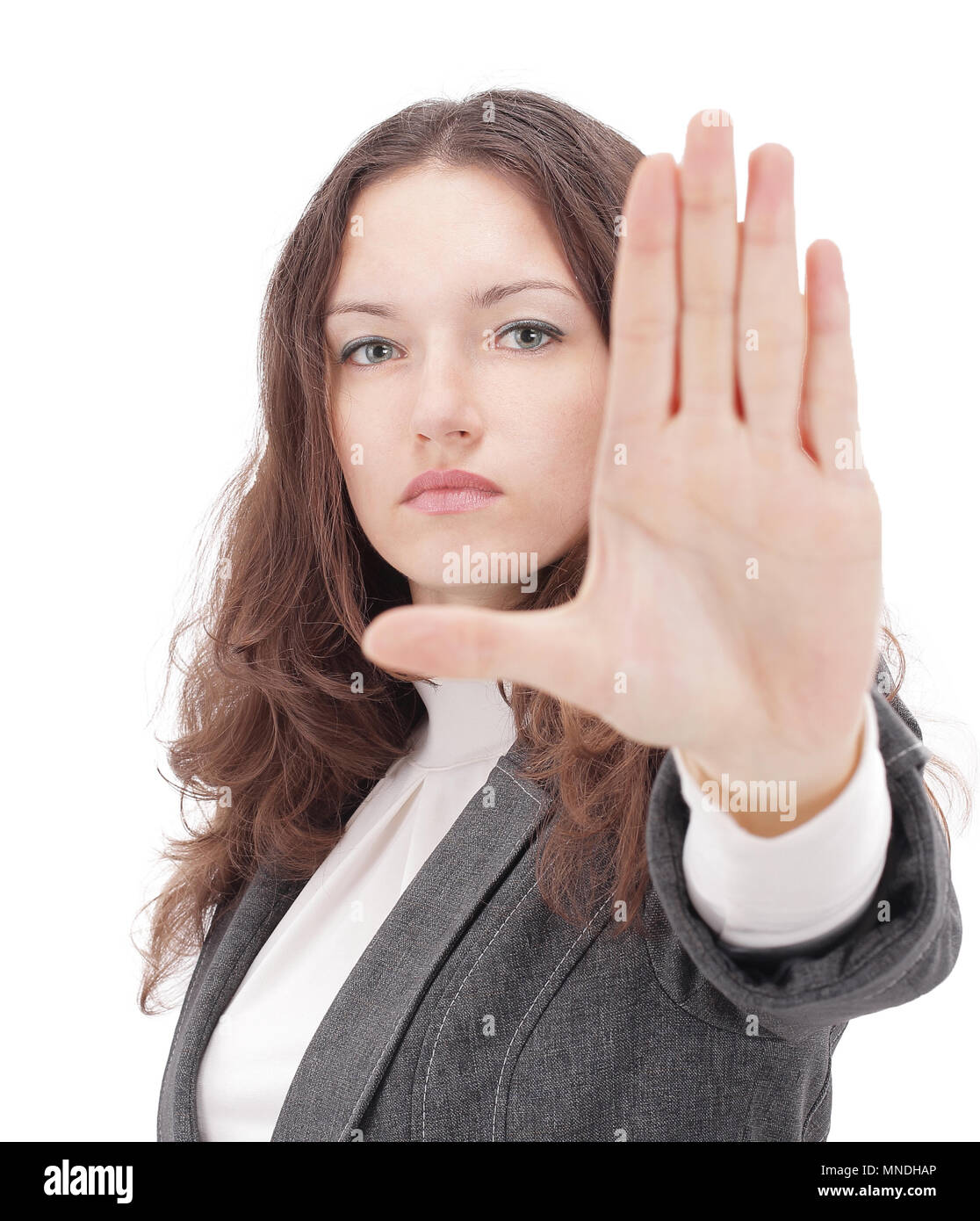 closeup.business woman showing stop gesture.isolated on a white Stock ...