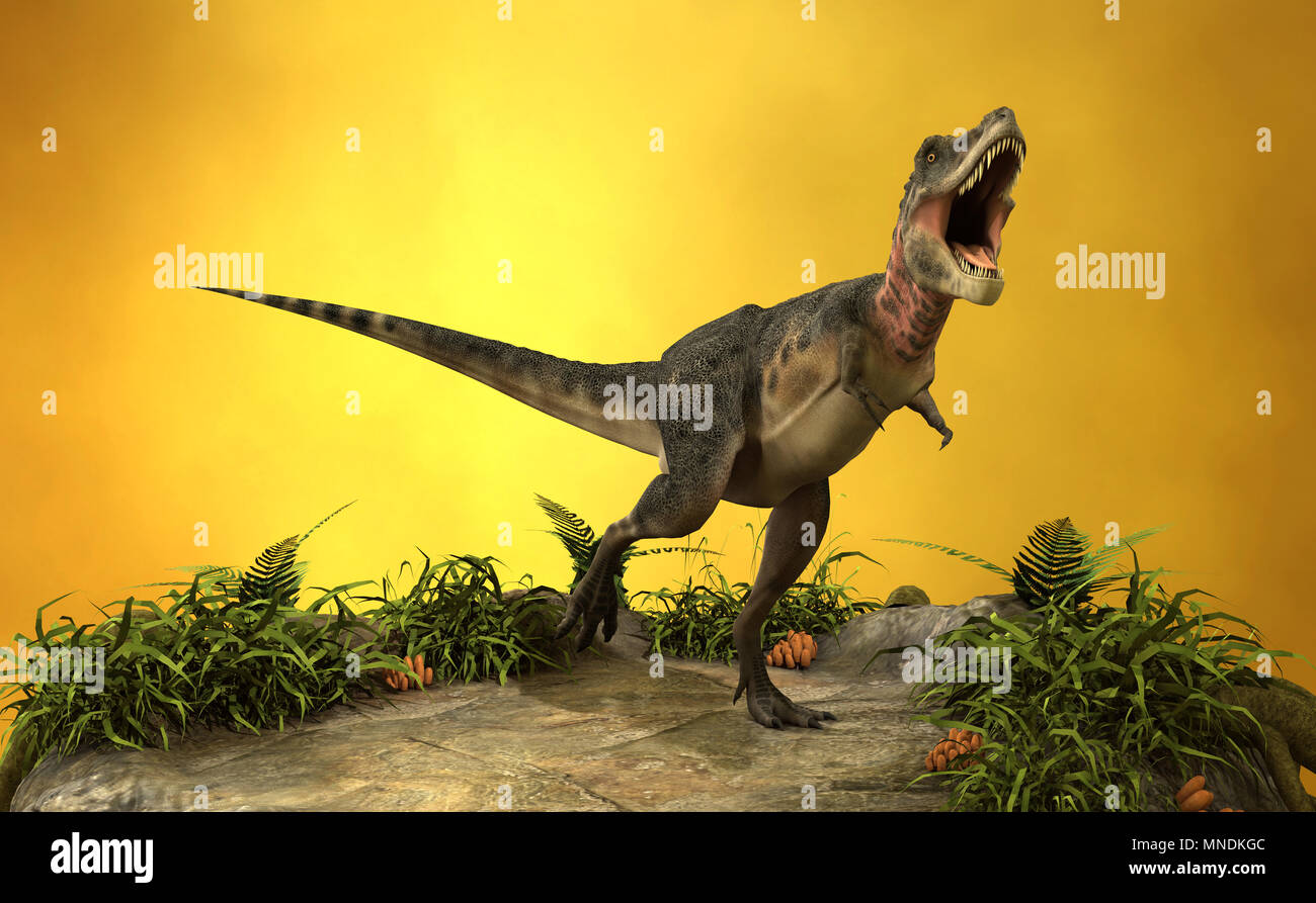 3D rendering of a dinosaur tarbosaurus on a yellow light background ...