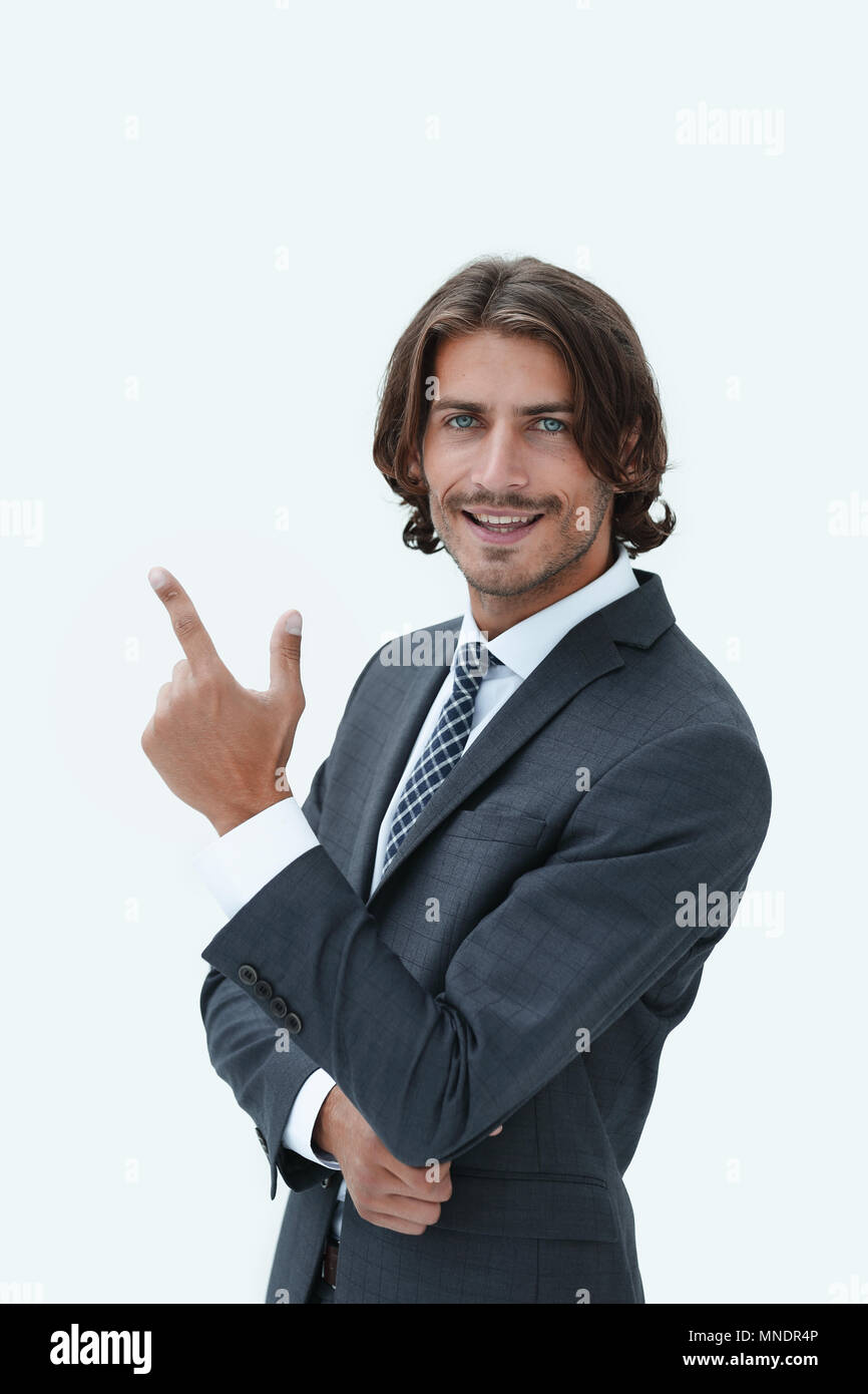 a young and handsome businessman pointing up with his finger Stock ...