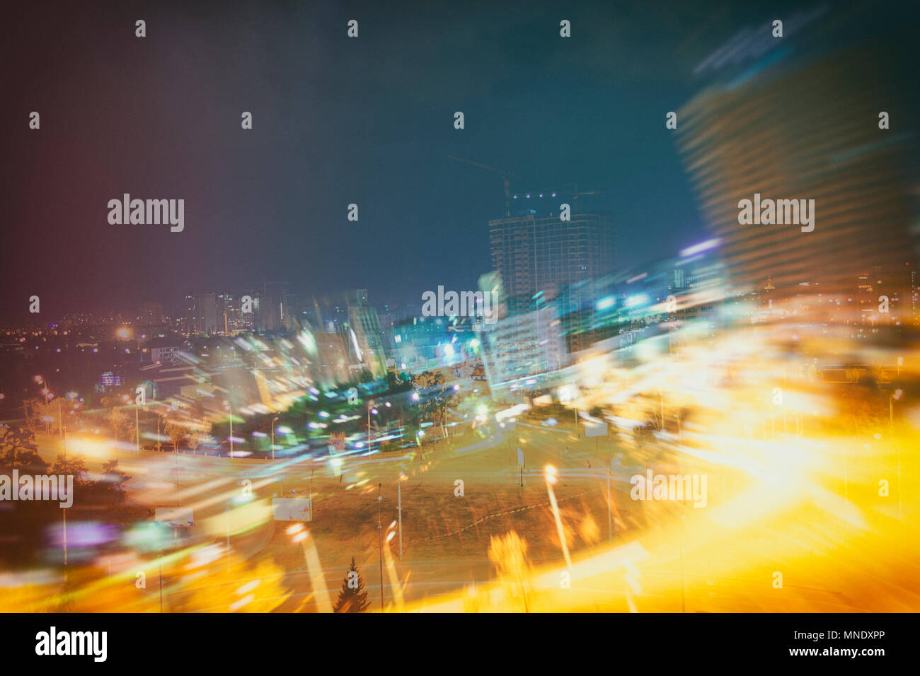 Night Kiev city, Ukraine, at night from the sky. Panoramic beautiful ...