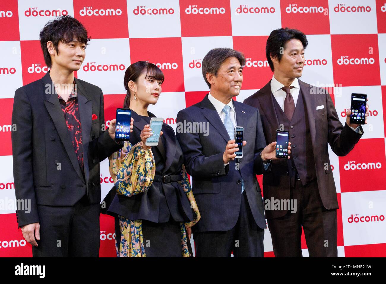 (L to R) Japanese actors Go Ayano, Mitsuki Takahata, NTT DOCOMO Inc ...