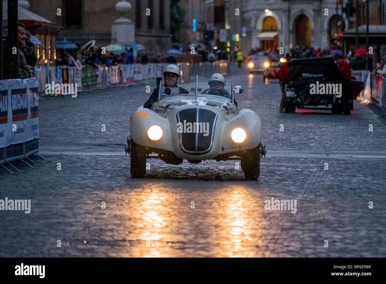 FERRARA, ITALY. 16 MAY, 2018. A vintage car is heading towards the ...