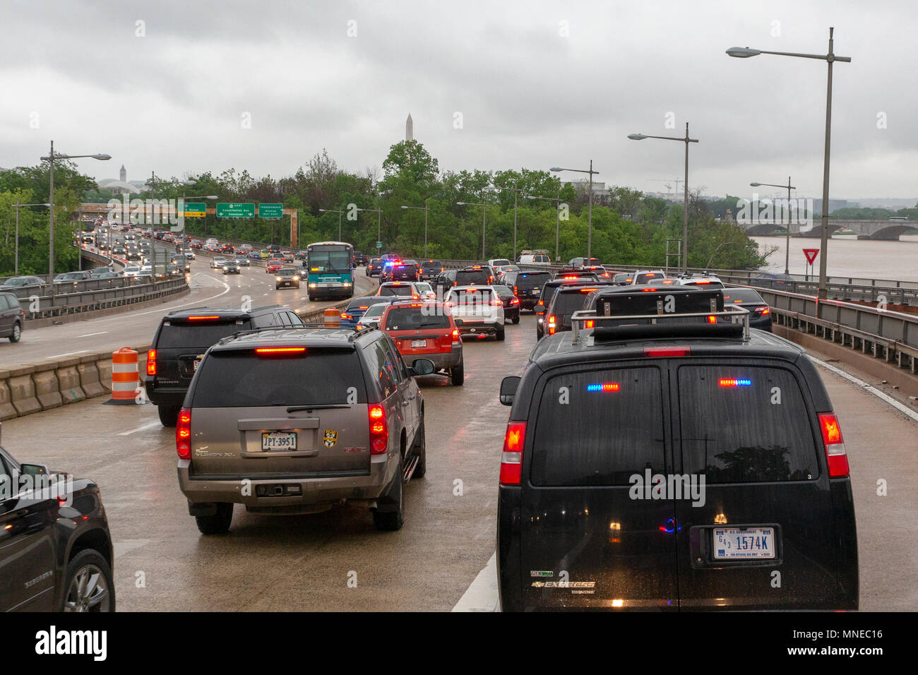 A motorcade carrying United States President Donald J. Trump navigates ...