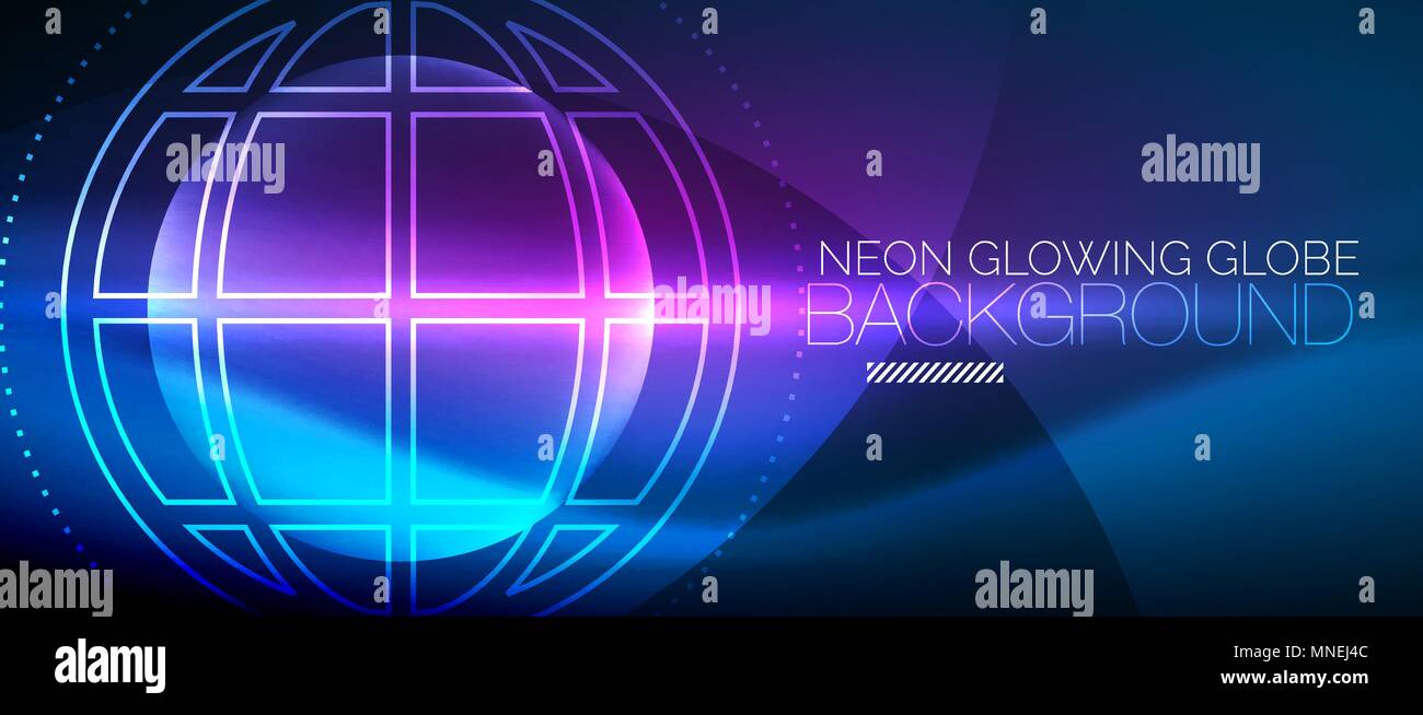 Techno globe concept, neon glow planet. Techno globe concept, neon glow planet on dark abstract ...
