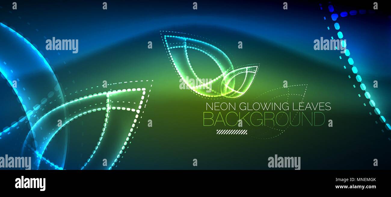 Neon leaf background, green energy concept. Vector blue neon leaf ...
