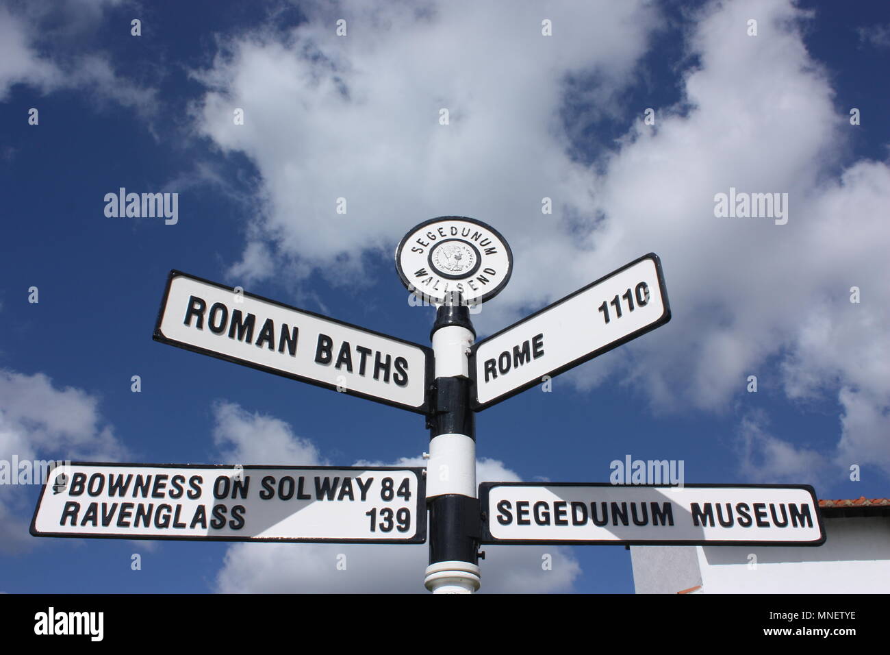 Signposts at the Segedunum Roman Fort at Wallsend, Newcastle-upon-Tyne ...