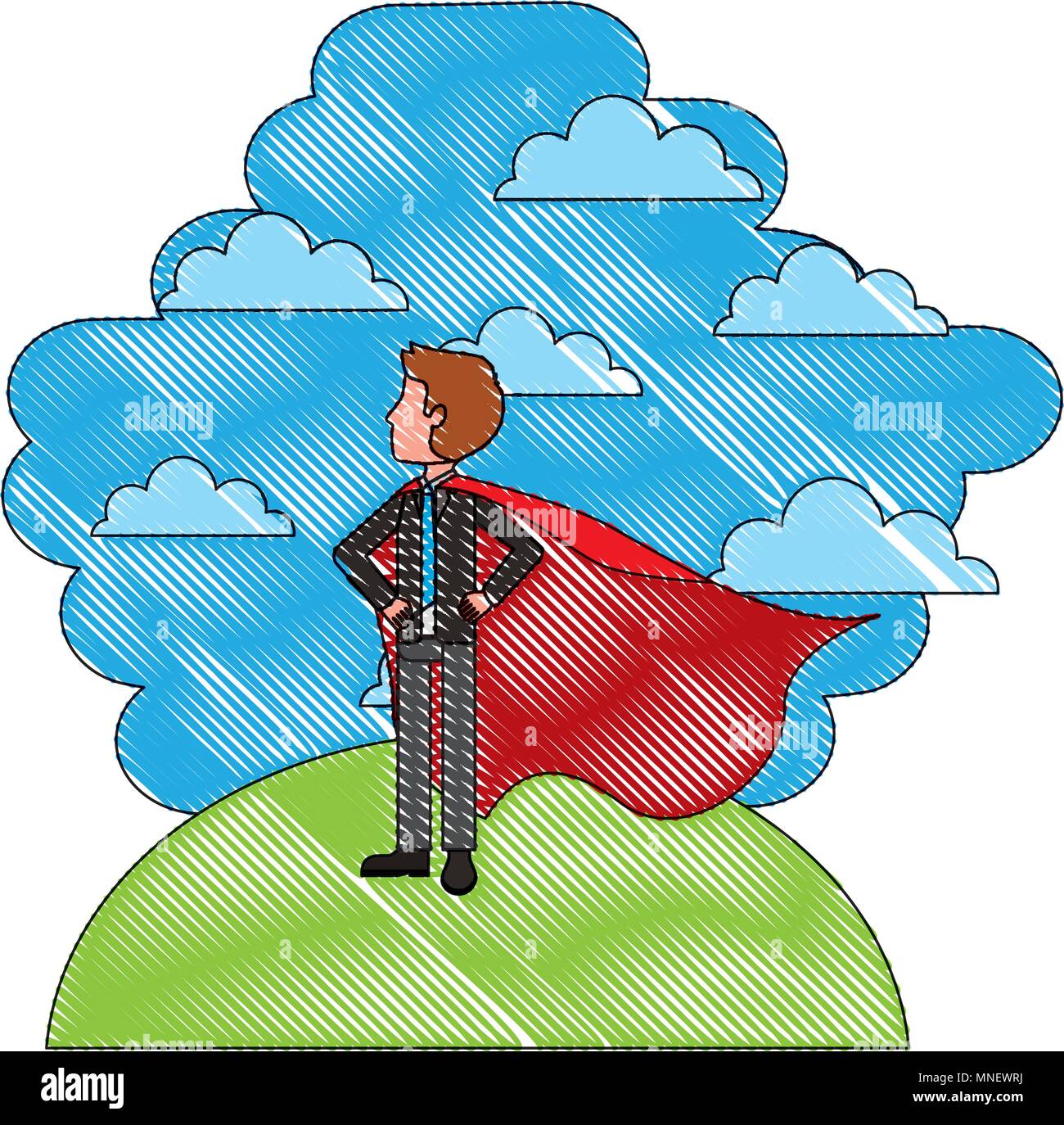 hero man using cape standing in landscape clouds sky Stock Vector Image ...