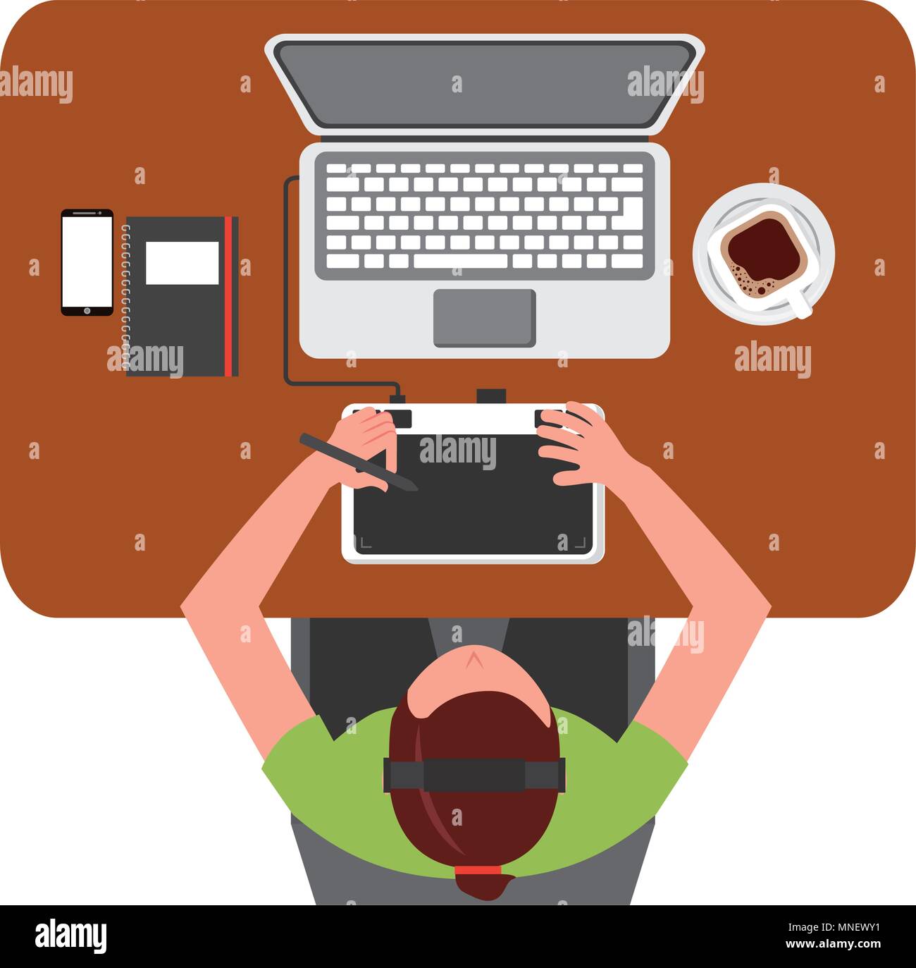 designer woman workplace drawing table computer and coffee cup top view ...