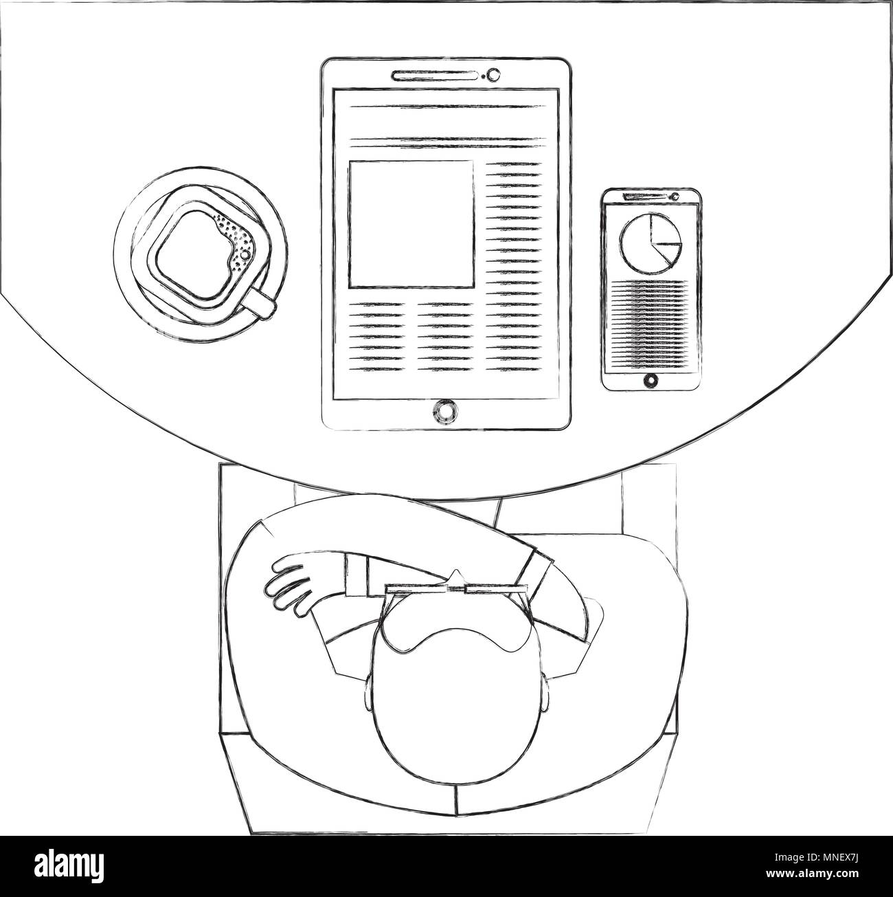 aerial view of man sitting with tablet and smartphone Stock Vector ...