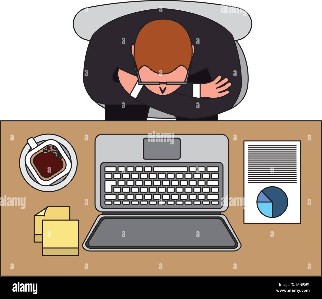 aerial view of man working with computer and office objects Stock ...