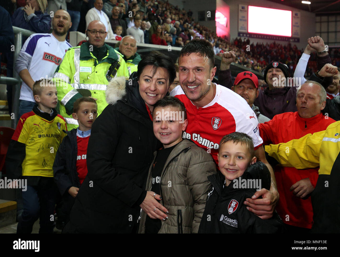 Rotherham United's Richard Wood celebrates with his family after the ...
