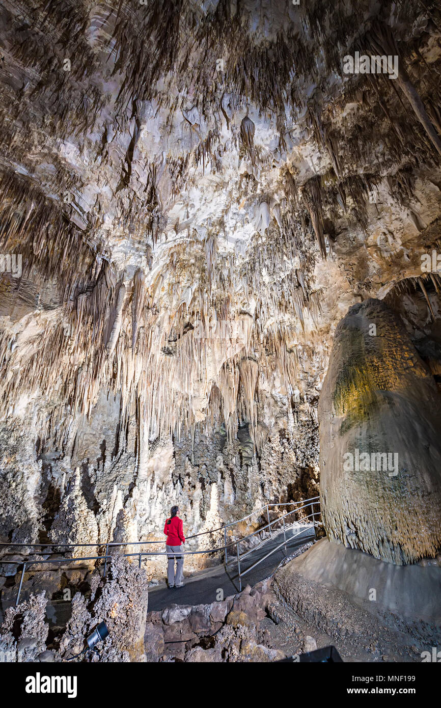 Tourist on trail in Carlsbad Caverns, New Mexico, USA, with lampenflora ...