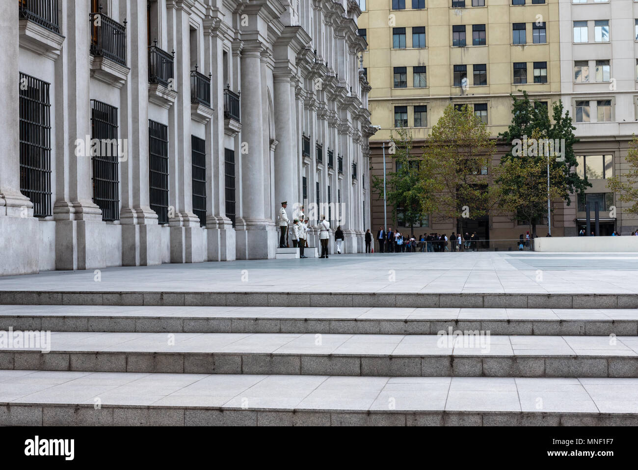 Santiago, Chile--April 6, 2018. Police officers are standing guard ...