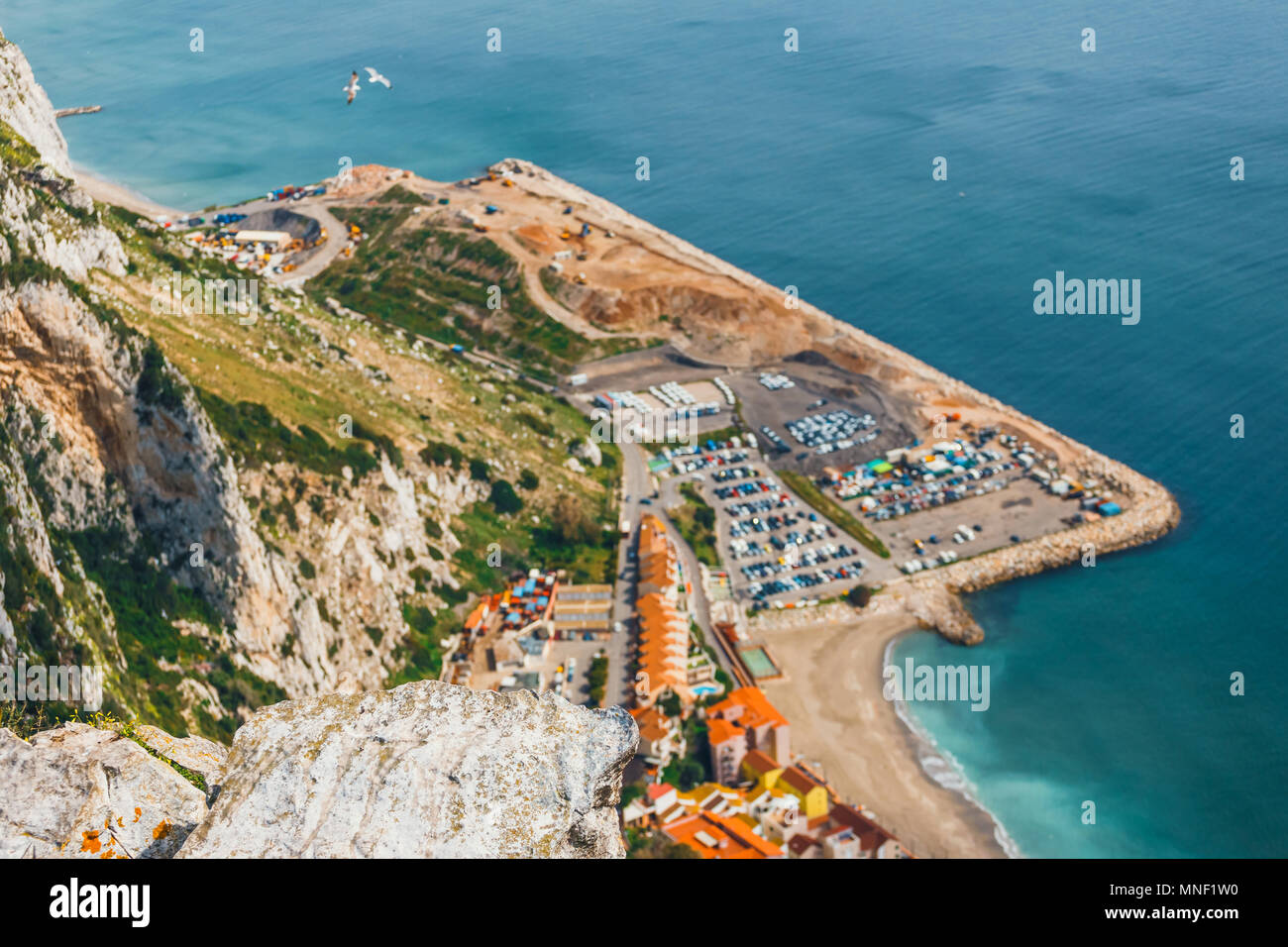 Aerial view of the coastline of Gibraltar from the top of the rock ...
