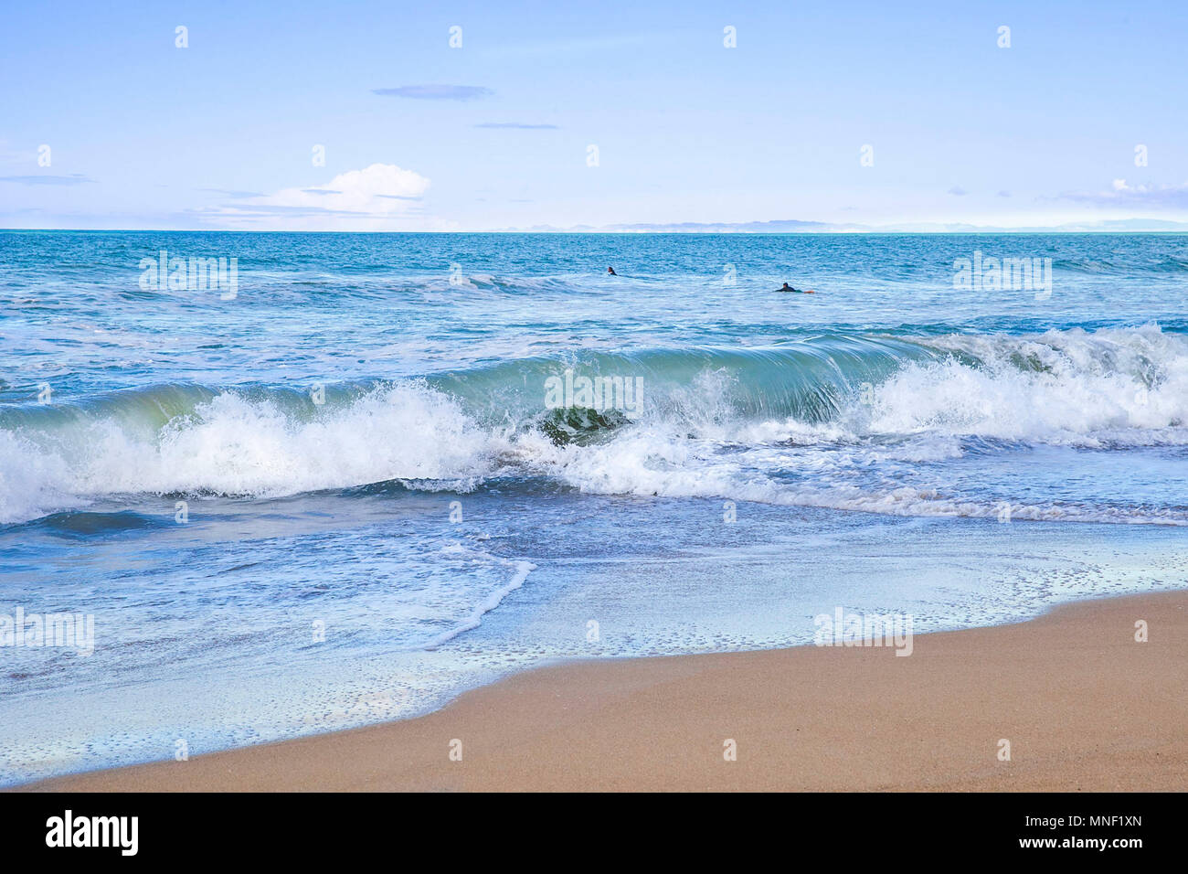 Two surfers in the water at Waipatiki beach New Zealand Stock Photo - Alamy