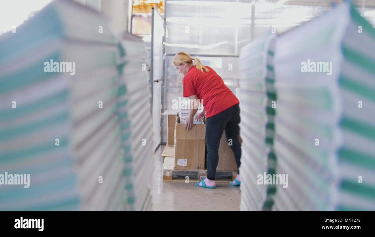 Female worker puts printed magazines in a box through the paper stacks ...