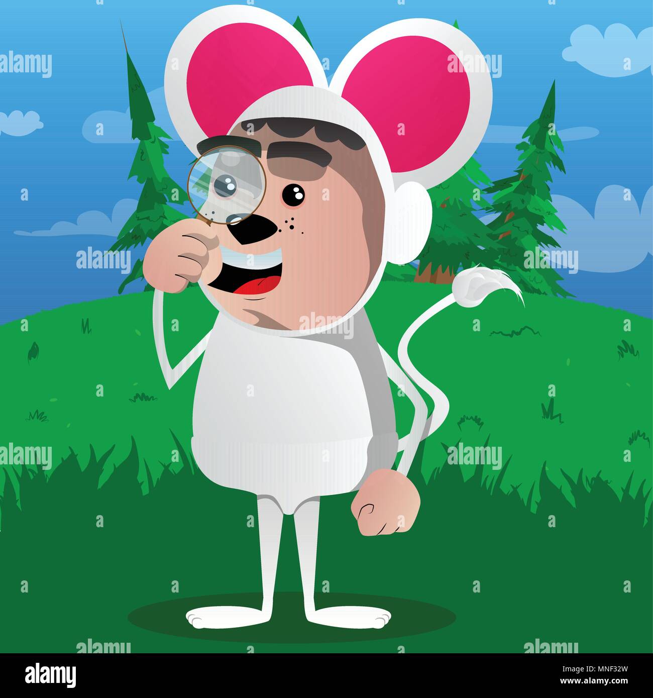 Boy dressed as mouse holding a magnifying glass. Vector cartoon ...