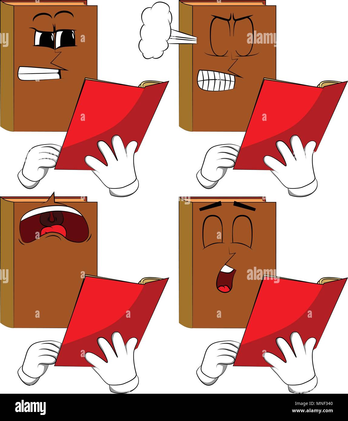Books reading a red book. Cartoon book collection with angry and sad ...