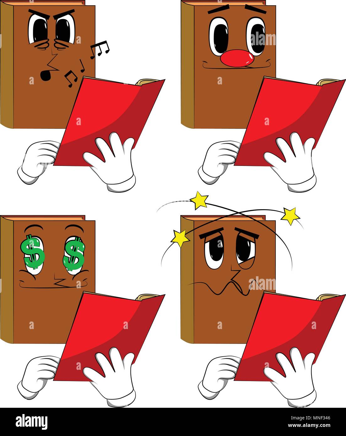 Books reading a red book. Cartoon book collection with various faces ...