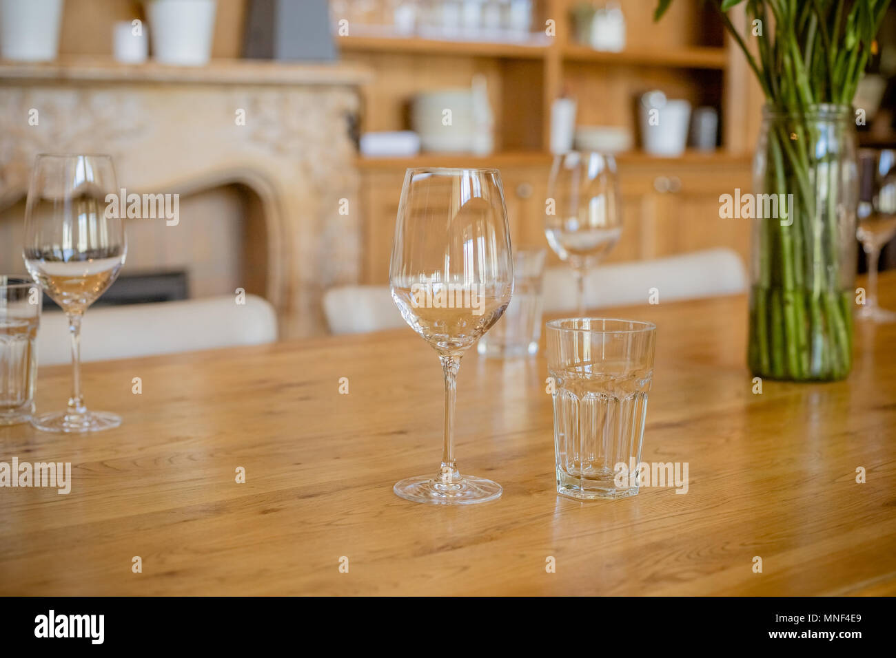 Empty glasses set in restaurant. Part of interior. Selective focus ...