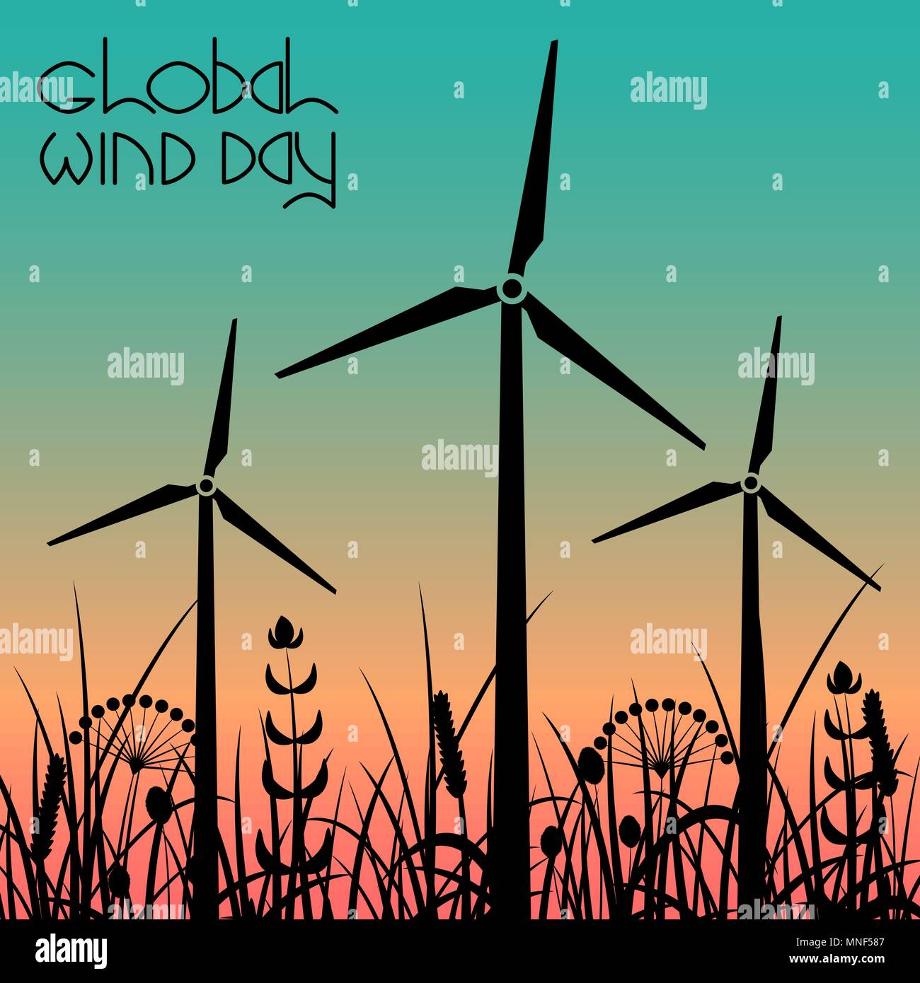 Global Wind Day. Concept of ecological holiday. 15 June. Wind turbines ...