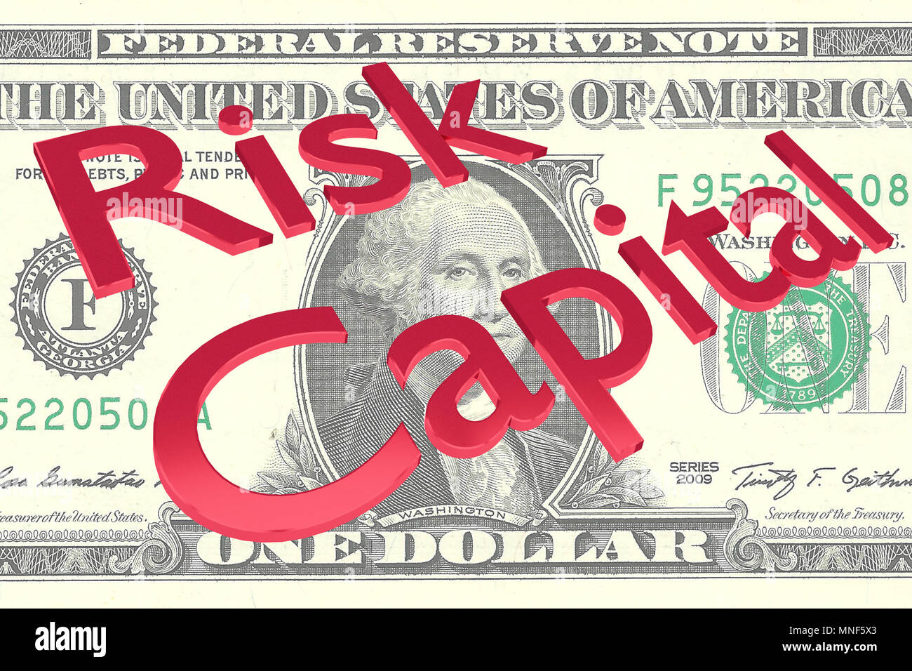 3D illustration of Risk Capital title on a Dollar bill as a background ...
