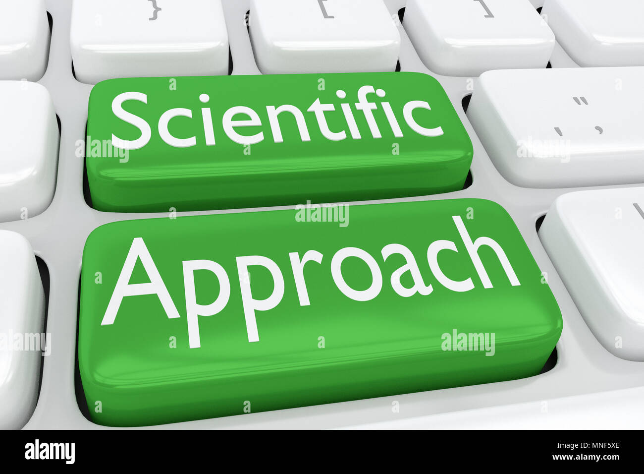 3D illustration of computer keyboard with the script Scientific Approach on two adjacent green ...