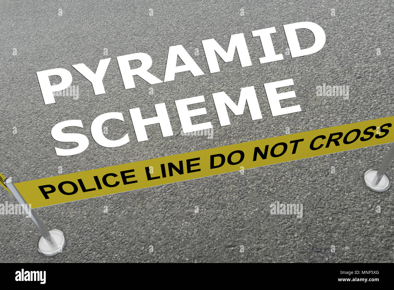 3D illustration of PYRAMID SCHEME title on the ground in a police arena ...