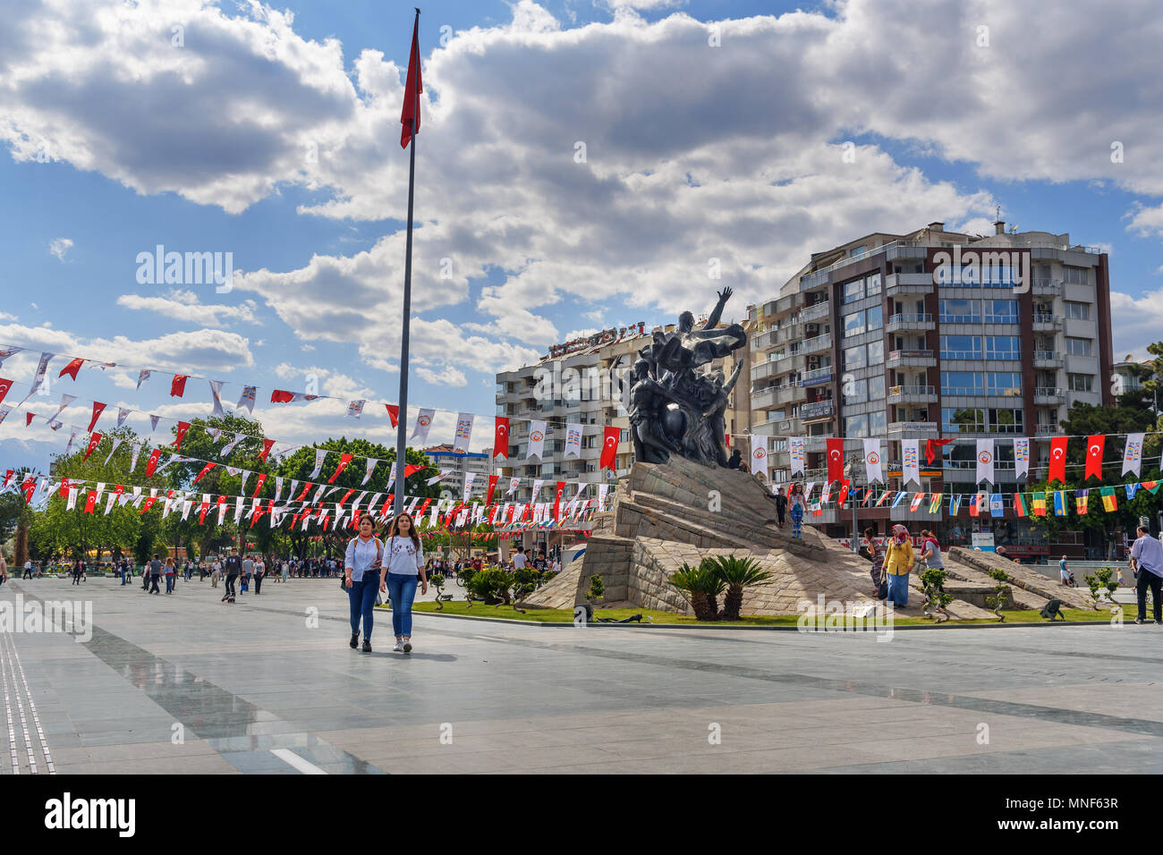 Antalya, Turkey - April 21, 2018: Republic Square with statue of ...