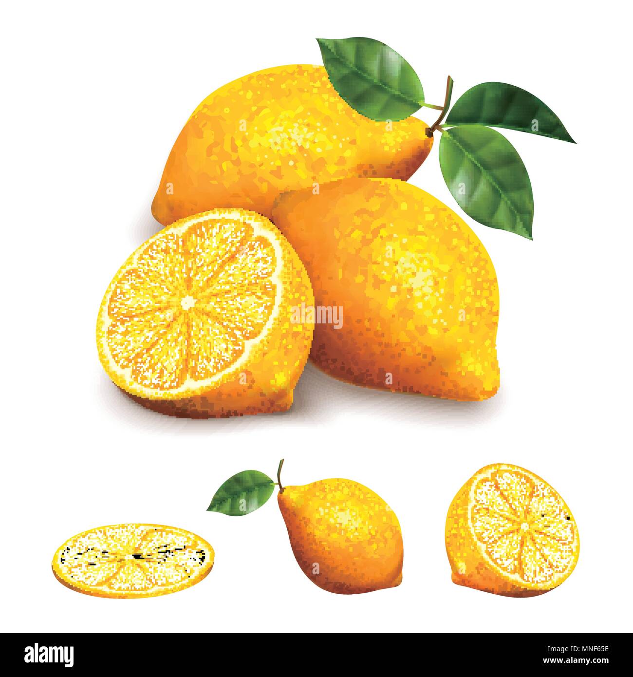 Yellow lemon fruit in different shape, sliced, section and whole ...