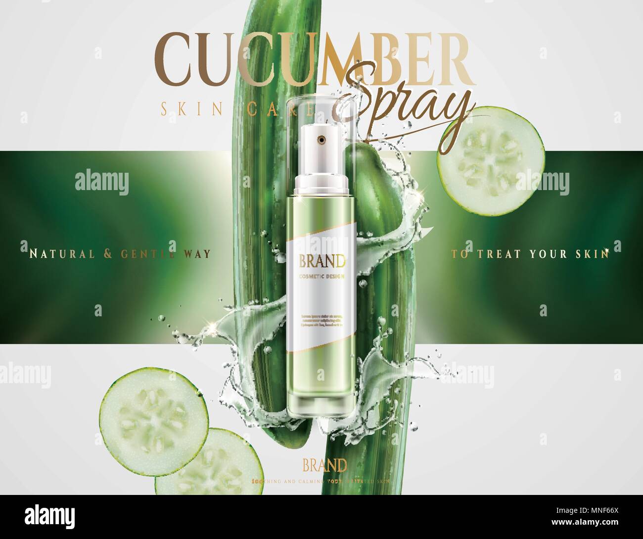 Cucumber skin care spray with splashing water and ingredients in 3d ...