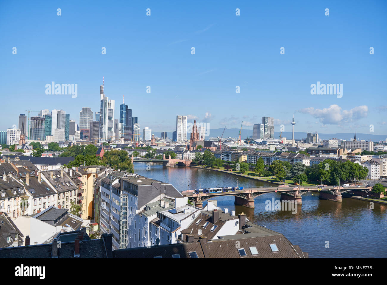 City skyline of Frankfurt am Main with skyscrapers on the river Stock ...