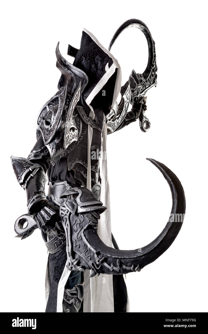 Man in a fantasy costume of a dark demon, cosplay, isolated in white ...