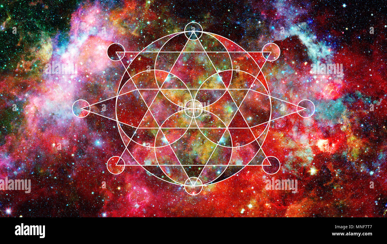 Abstract cosmos geometric background with polygons, triangles, stars ...