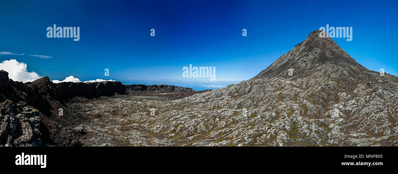 Panorama inside crater of Pico volcano and Piquinho pinnacle at Azores ...
